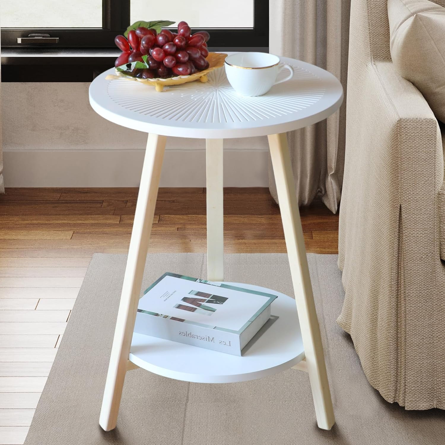 2 Tiers Round Side Table, Carved Tabletop End Table, Modern Small ...