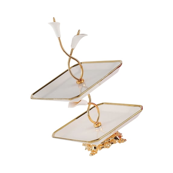 2 Tiers Serving Tray Tiered Ceramic Dessert Snacks Platter With Gold ...