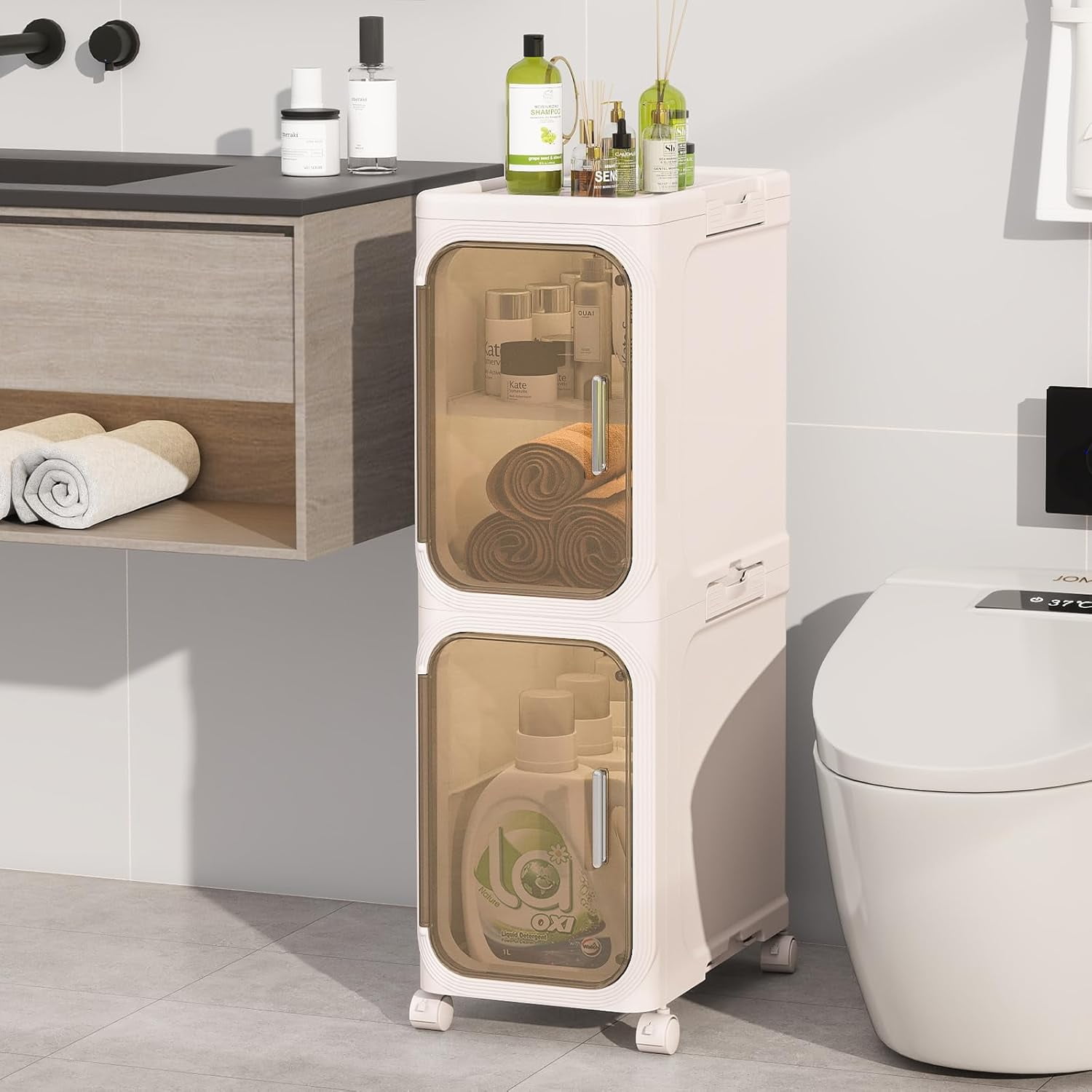 2-Tiers Slim Bathroom Storage Cabinet, Foldable Storage Cabinets,Narrow ...