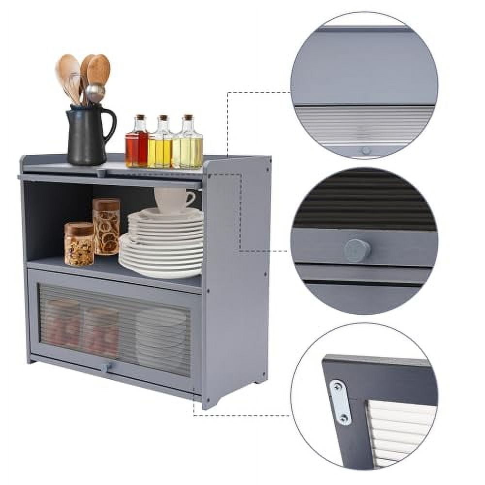 2 Tiers Small Bamboo Kitchen Pantry Sideboard Cabinet with 2 Glass ...