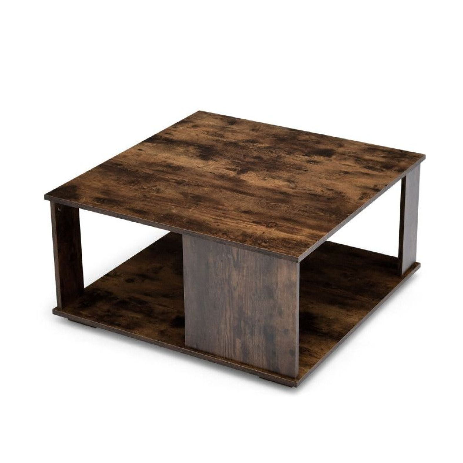 2 Tiers Square Coffee Table with Storage and Non-Slip Foot Pads Rustic ...