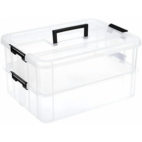 2-Tiers Stack Carry Storage Box With Handle, Transparent Stackable ...