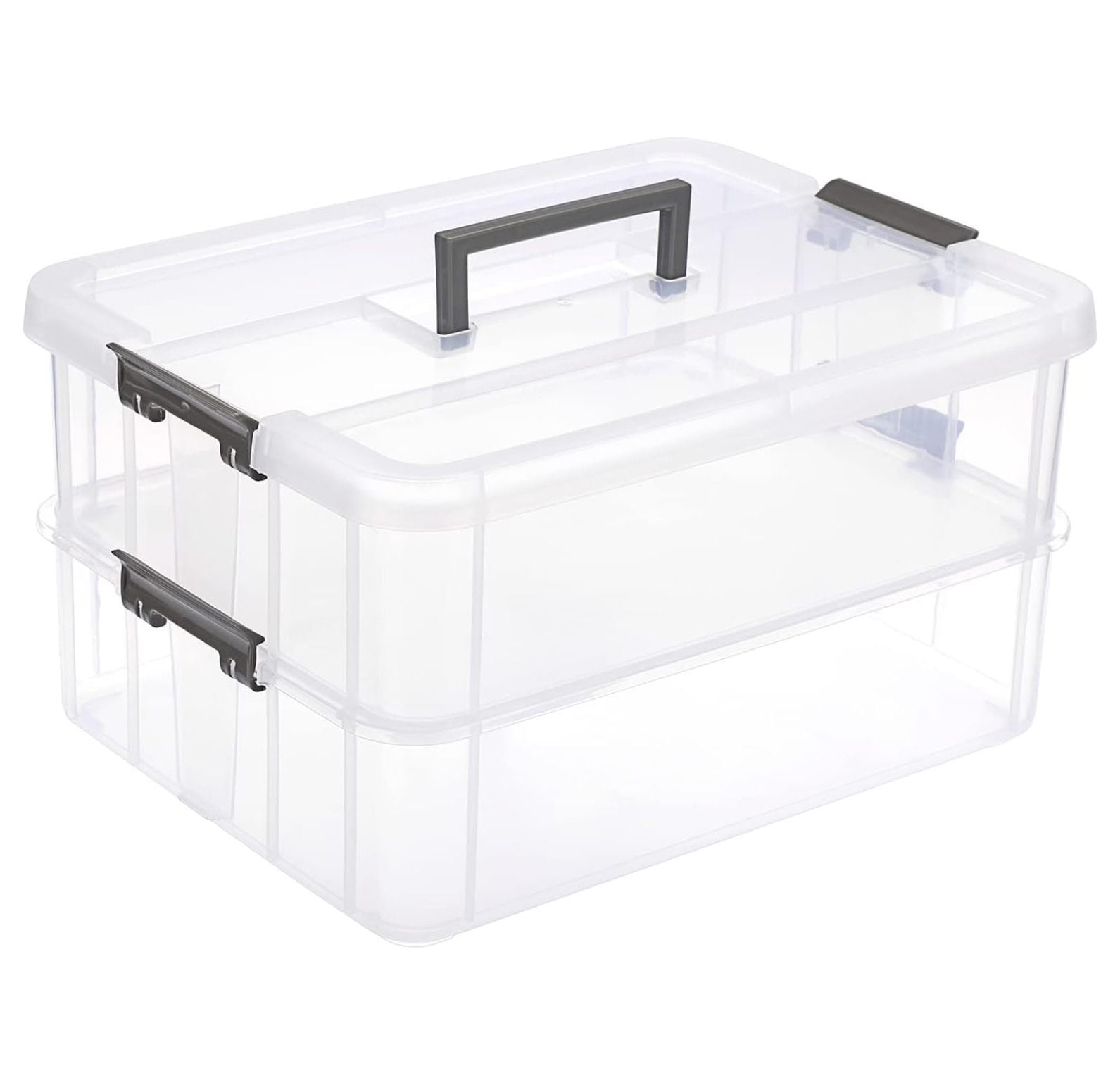 2-Tiers Stack Carry Storage Box With Handle, Transparent Stackable ...
