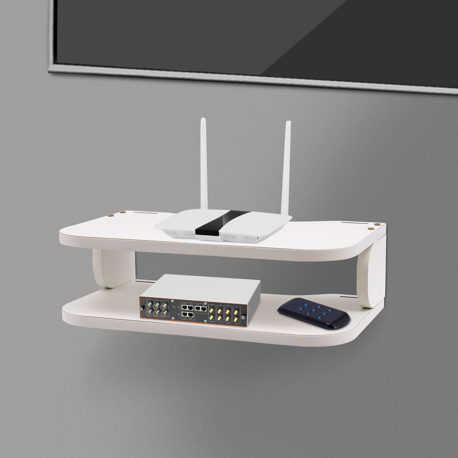 2 Tiers White Rectangular Floating Router Shelf Wall Mounted Set-Top ...