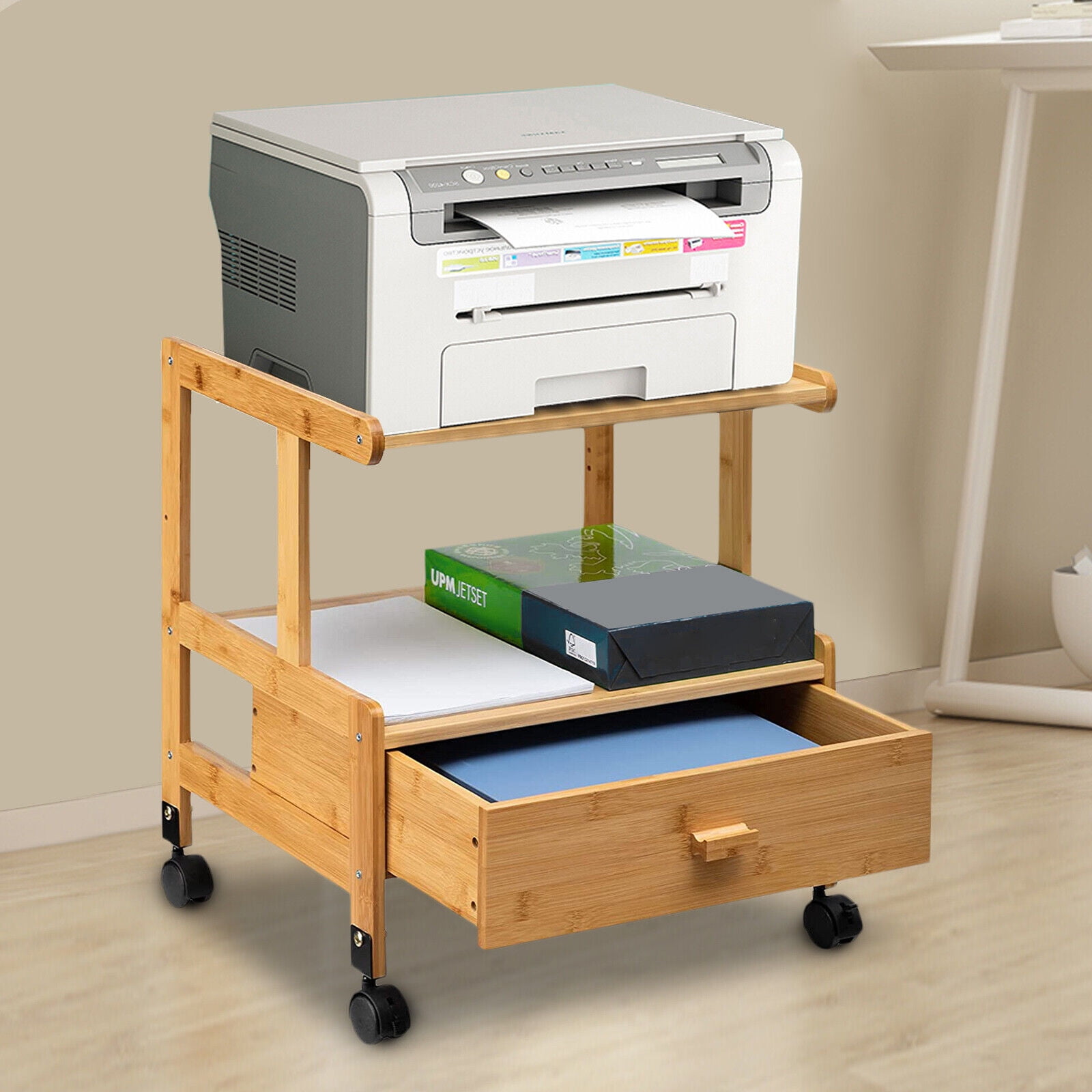 2 Tiers Wood Storage Cart with Wheels Drawer Office Printer Stand ...