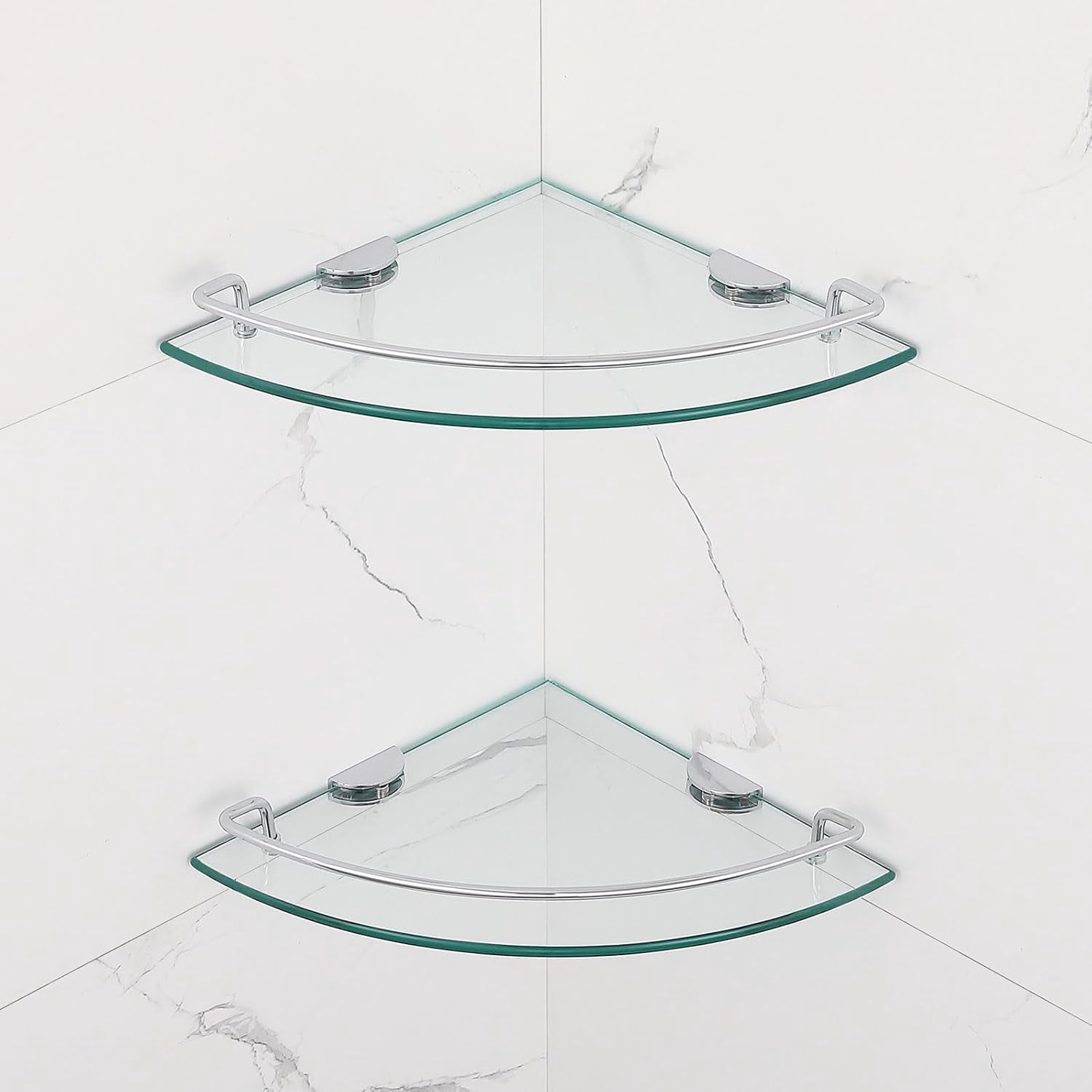 2 Ties Glass Corner Shelf with SUS 304 Stainless Steel Rail Chrome ...