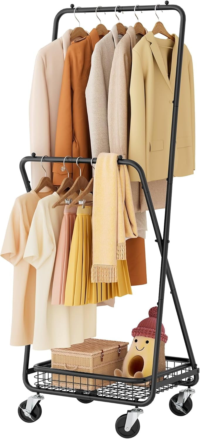 2 Tire Clothes Rack with Wheel, Rolling Garment Rack for Hanging ...