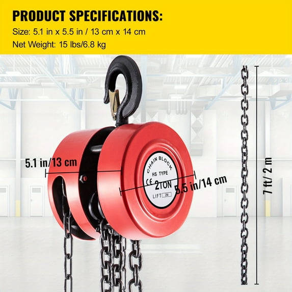 2 Ton 4400 lbs Red Iron Hand Chain Hoist, 7ft/2m Lift, FortuneKey ...