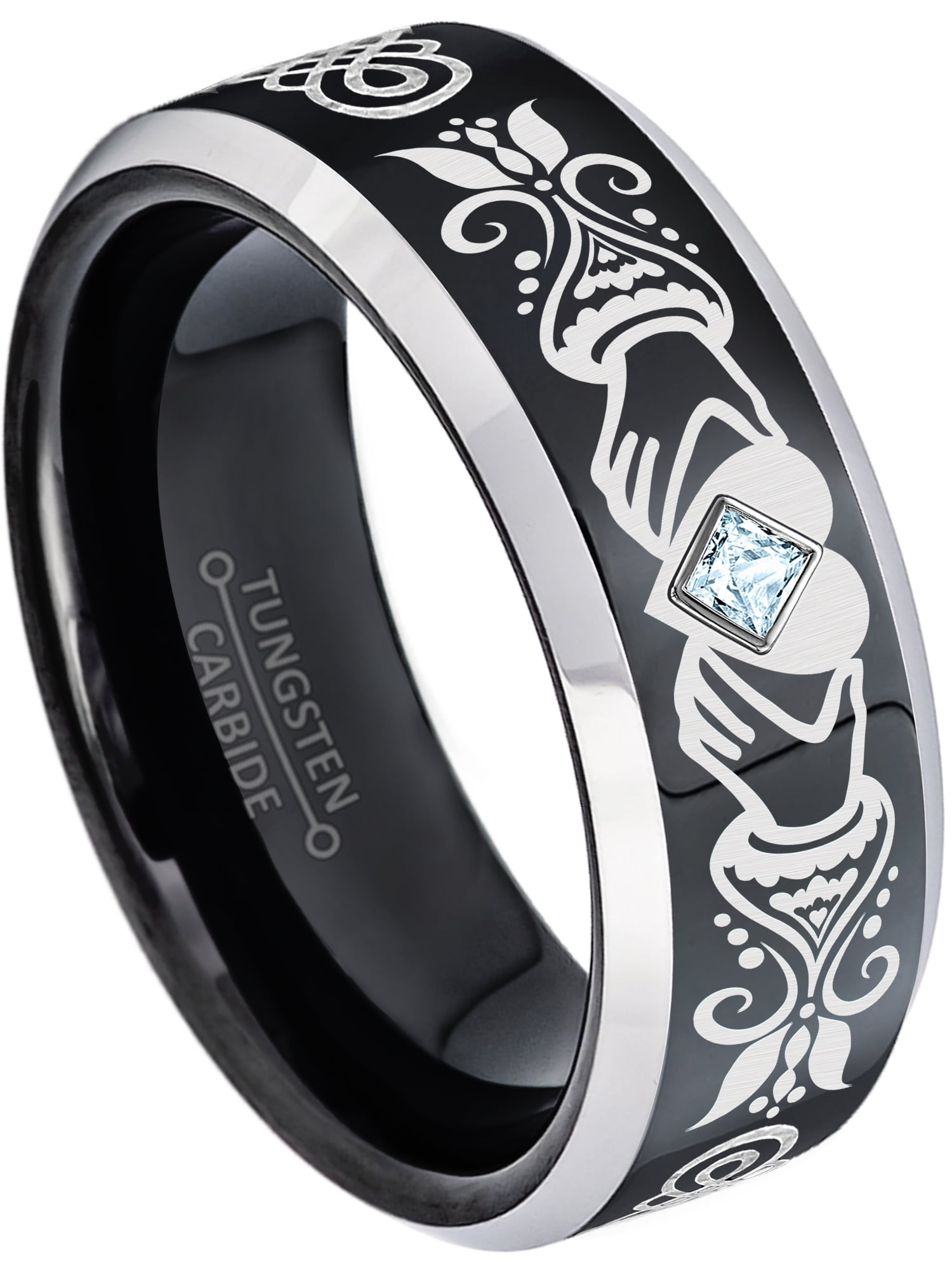 2-Tone Claddagh Tungsten Ring - 0.05ct Princess Cut Solitaire ...
