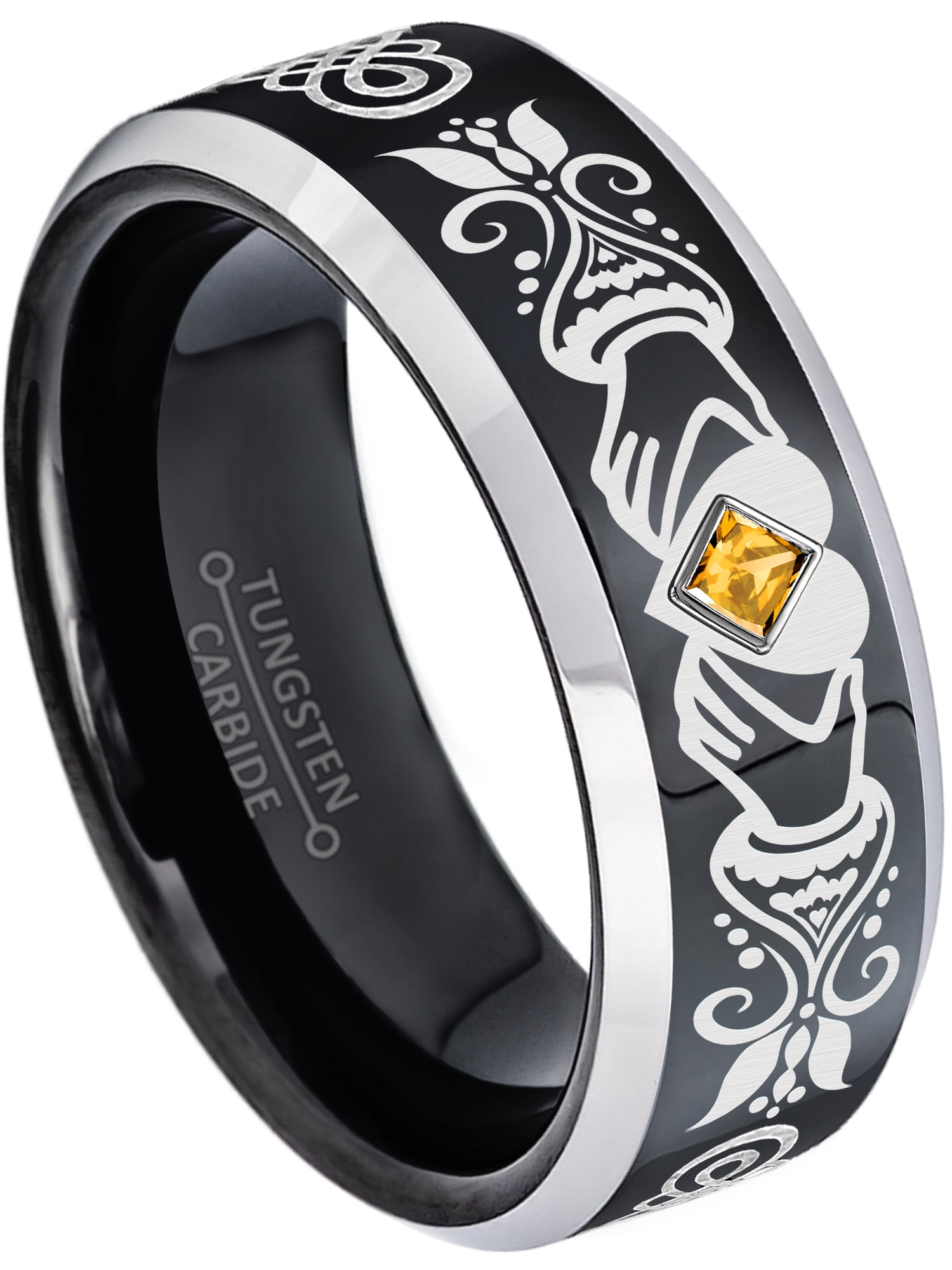 2-Tone Claddagh Tungsten Ring - 0.05ct Princess Cut Solitaire Citrine ...