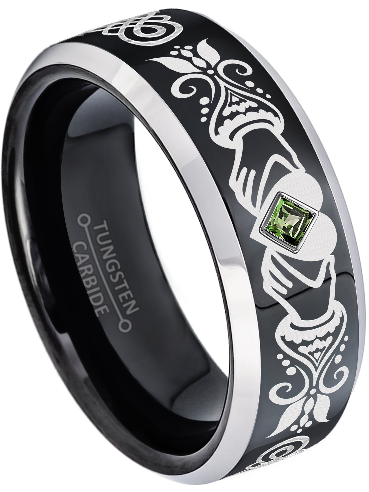 2-Tone Claddagh Tungsten Ring - 0.05ct Princess Cut Solitaire Green ...