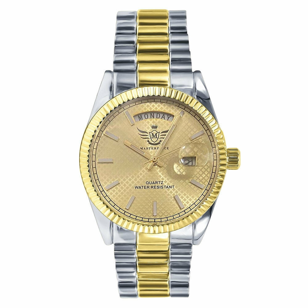 2 Tone Gold Men's Yellow Dial Day/Date Function Steel Back Metal Band ...