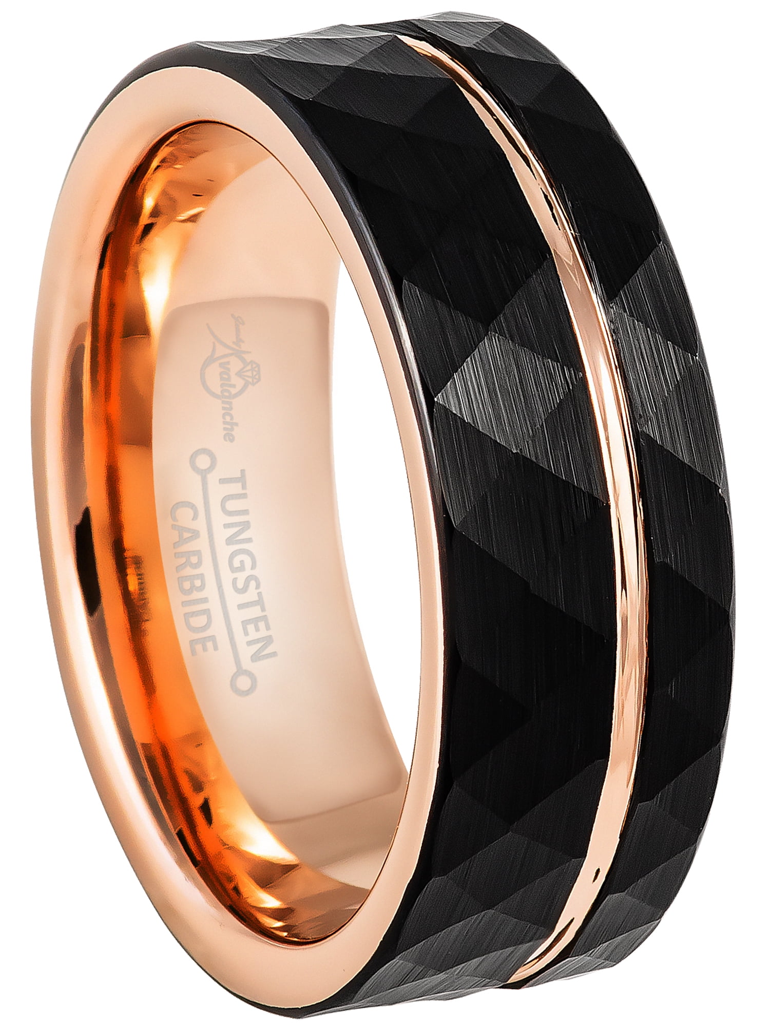2-Tone Men's Tungsten Ring Black & Rose Gold Hammered Finish Pipe Cut ...