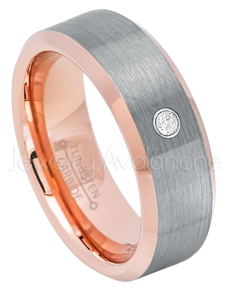 2-Tone Rose Gold Beveled Tungsten Ring - 0.07ct Solitaire Diamond Ring ...