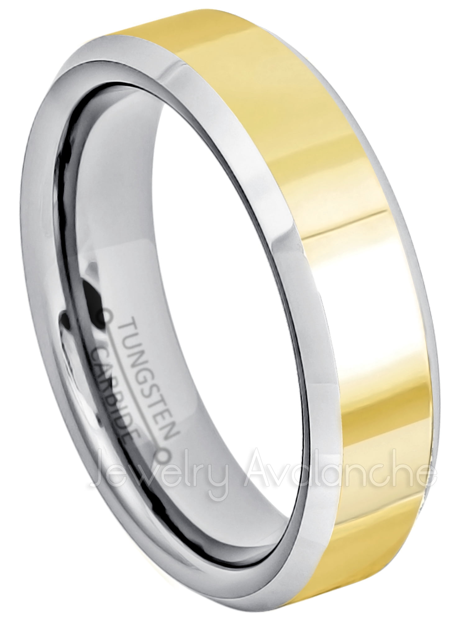 2-Tone Tungsten Ring - 6mm Polished Yellow Gold Plated Center Comfort ...