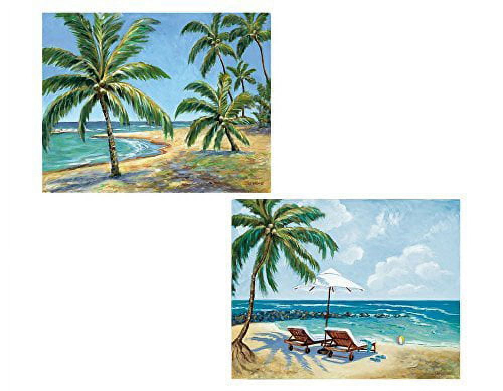 2 Tropical Beach Palm Tree and Lounge Chair Set; Two 14X11 Poster ...