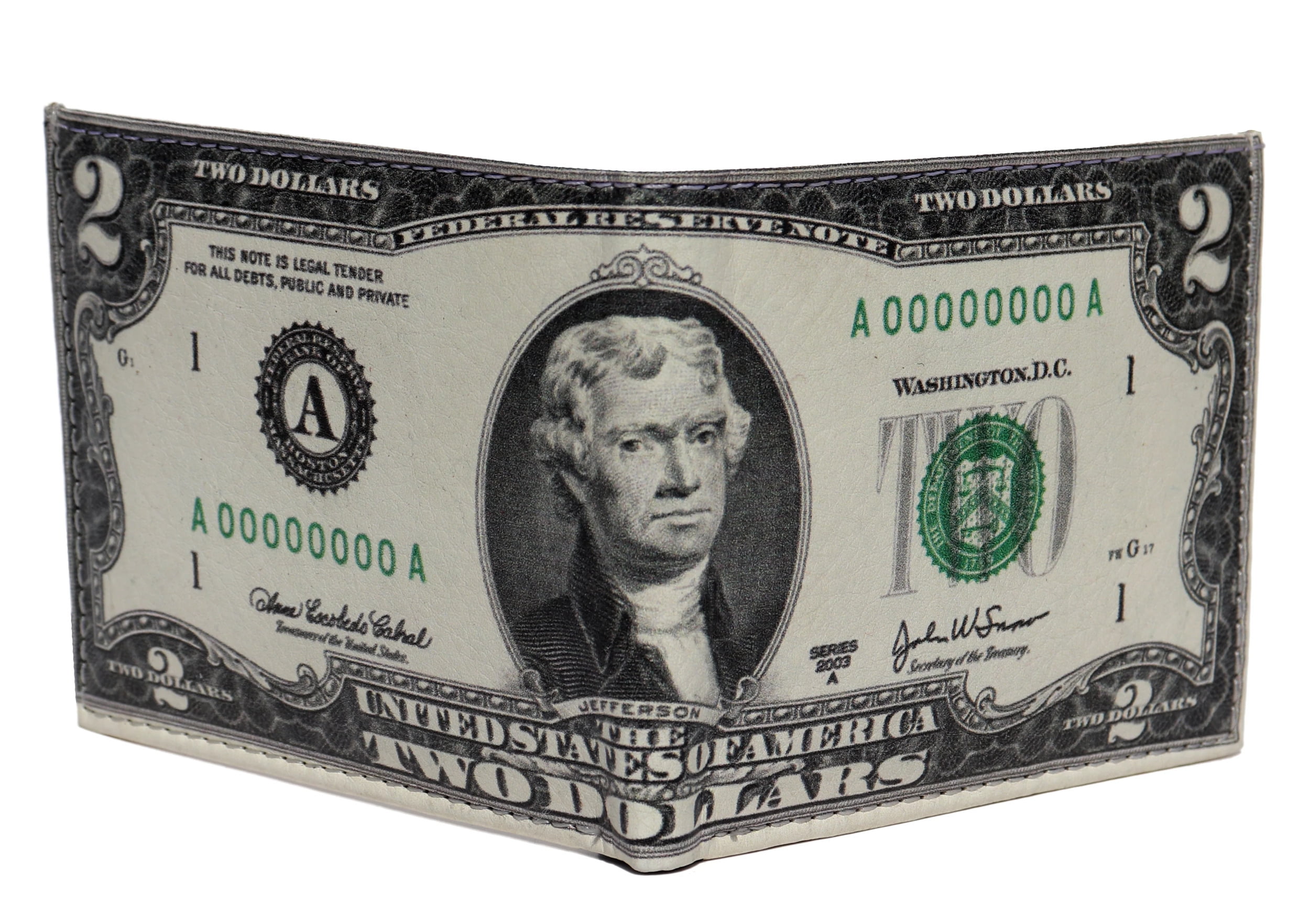 $2 Two Dollar Bill Jefferson Photorealistic Leather Bi-Fold Bifold ...