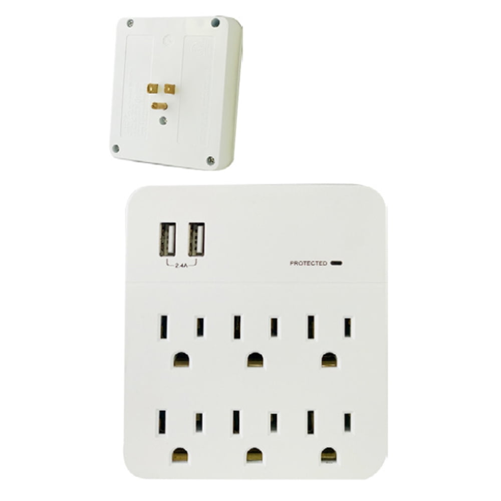 2 USB + 6 Outlet Wall Adapter Surge Protector Tap Child Proof Dual Port ...