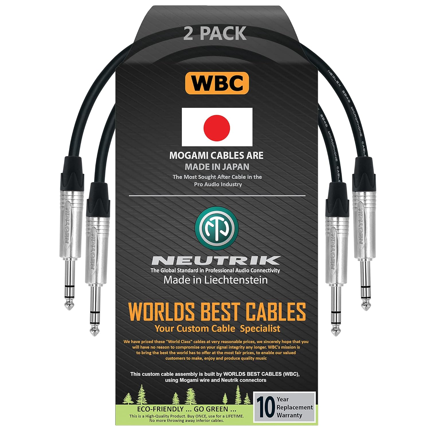 2 Units - 1.5 Foot - Balanced TRS Patch Cable Custom Made Using Mogami ...