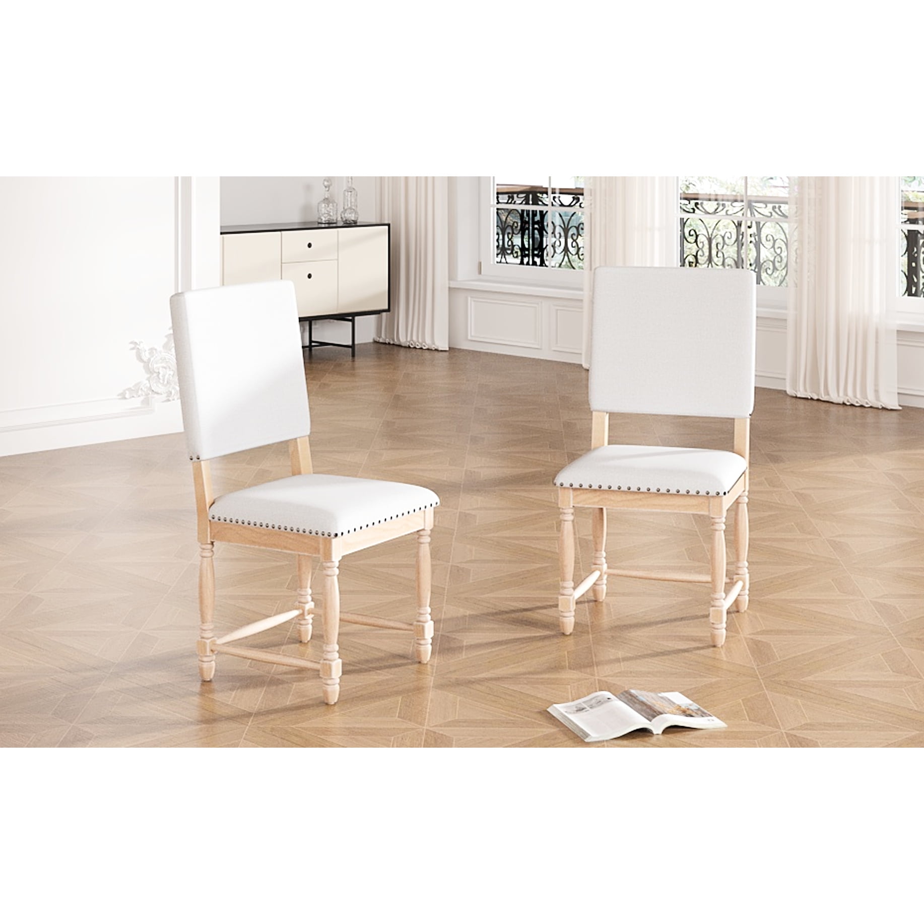 2 Upholstered Dining Chairs - Natural Solid Wood 330lbs Robust Base ...