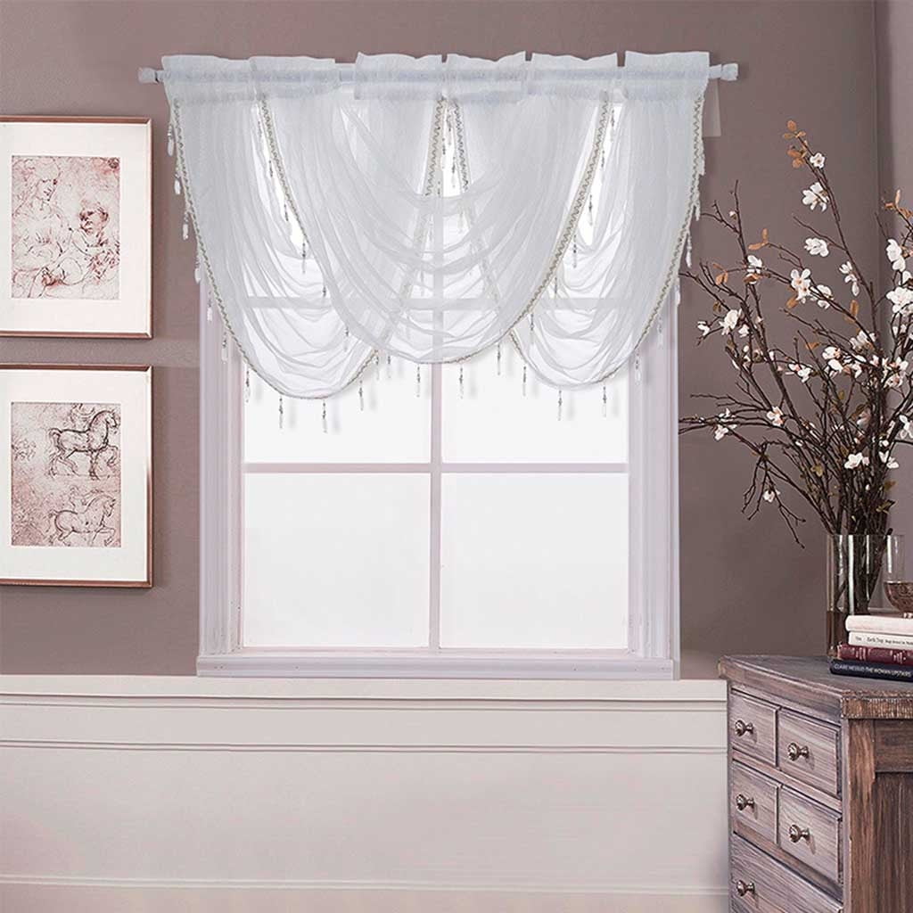 2 Valances Luxury White Diamond Sheer Embroidered Waterfall Window ...