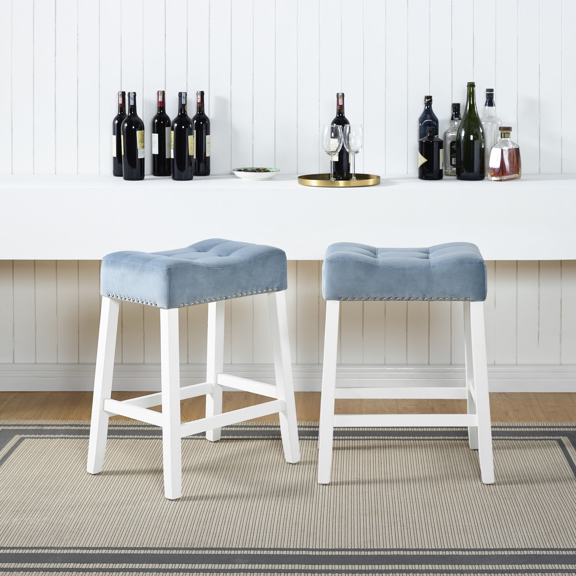 2 Velvet Counter Height Stools, Saddle Seat, Blue, White-wash Stools ...