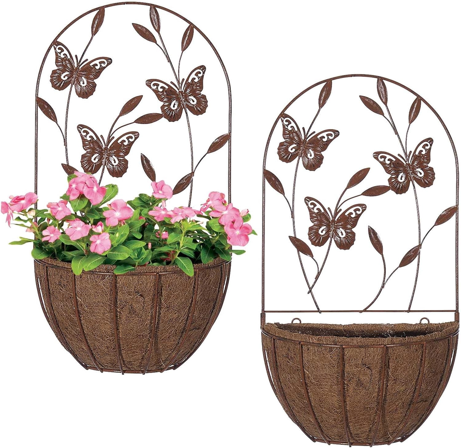 2 Wall Hanging Planter Decor Art with Butterfly, Metal Wall Mounted ...