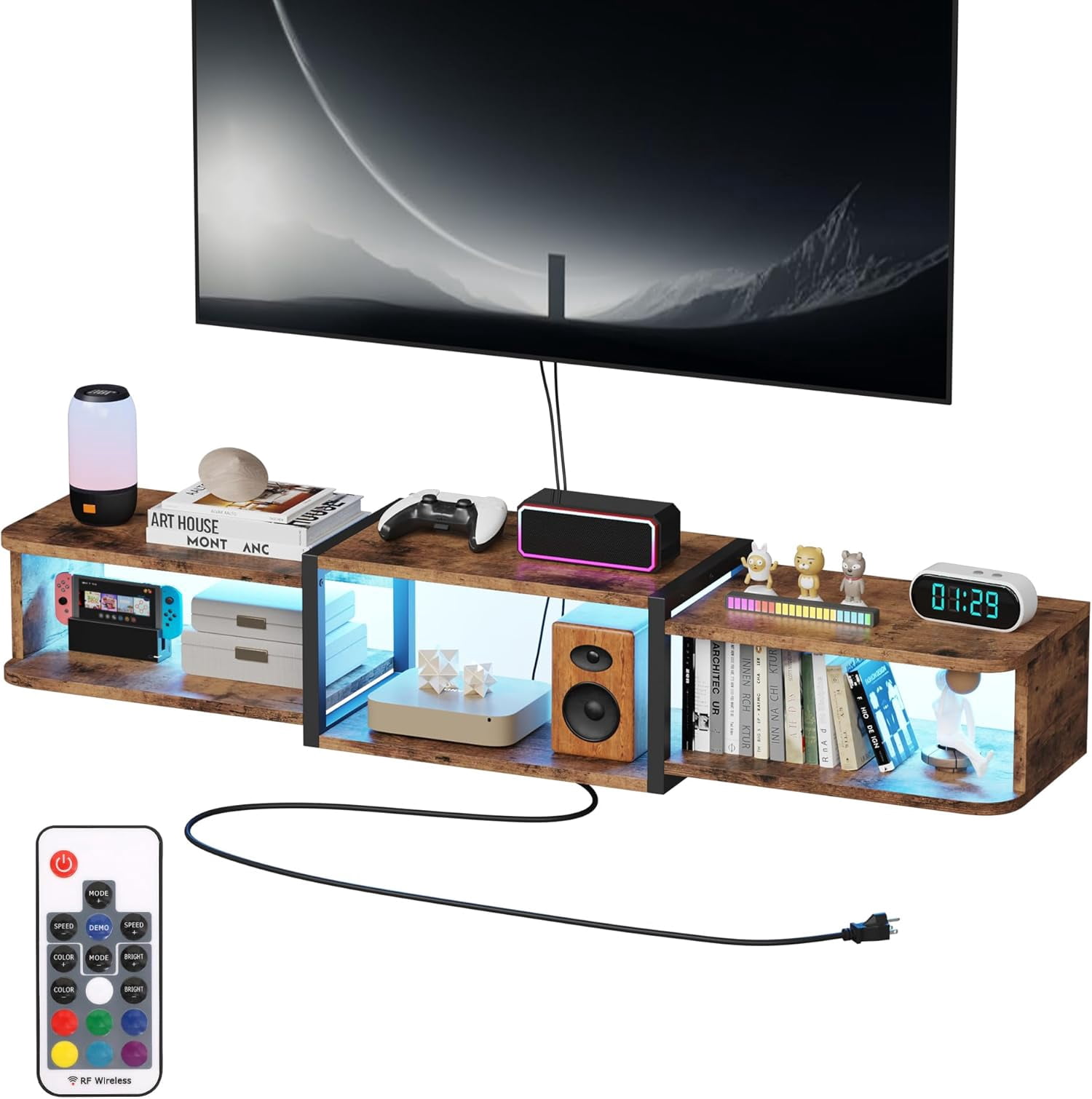 .2'' Wall-Mounted Floating TV Stand with Lighting, Modern Wooden Media ...