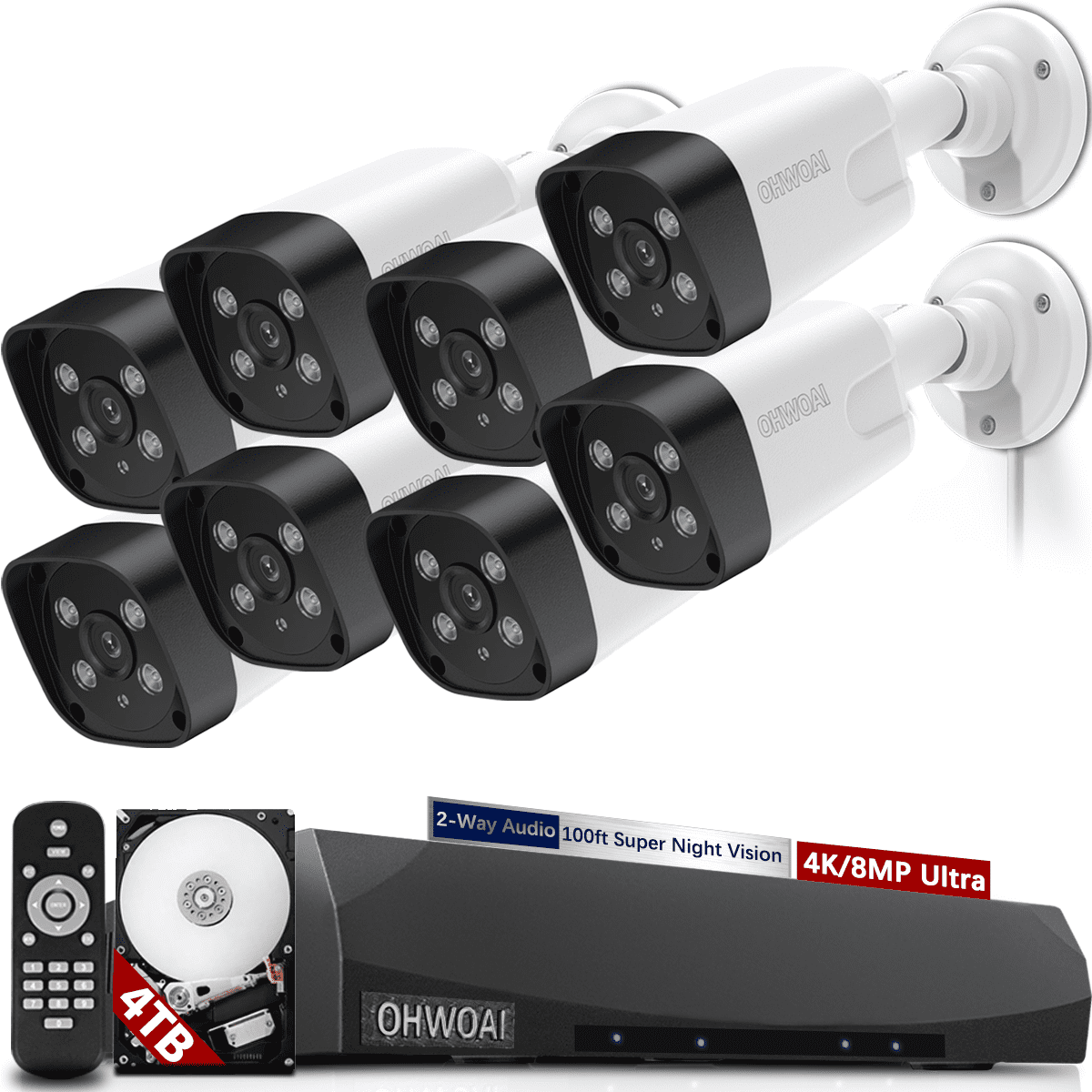 《2-Way Audio & 100ft Night Vision》OHWOAI Wired Outdoor 4K Ultra 8.0MP ...
