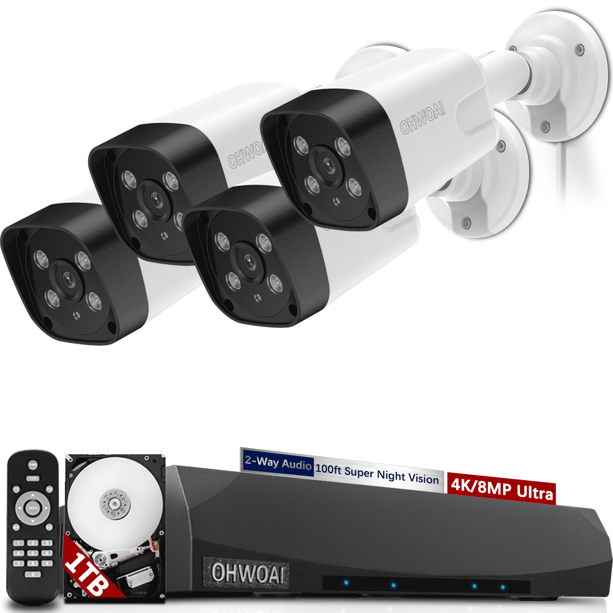 《2-Way Audio & 100ft Night Vision》OHWOAI Wired Outdoor 4K Ultra 8.0MP ...