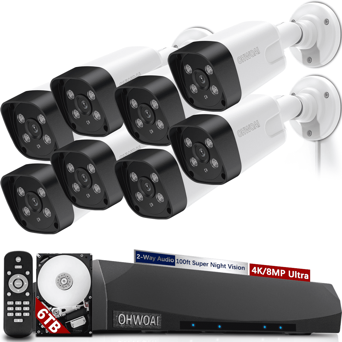 《2-Way Audio & 100ft Night Vision》OHWOAI Wired Outdoor 4K Ultra 8.0MP ...