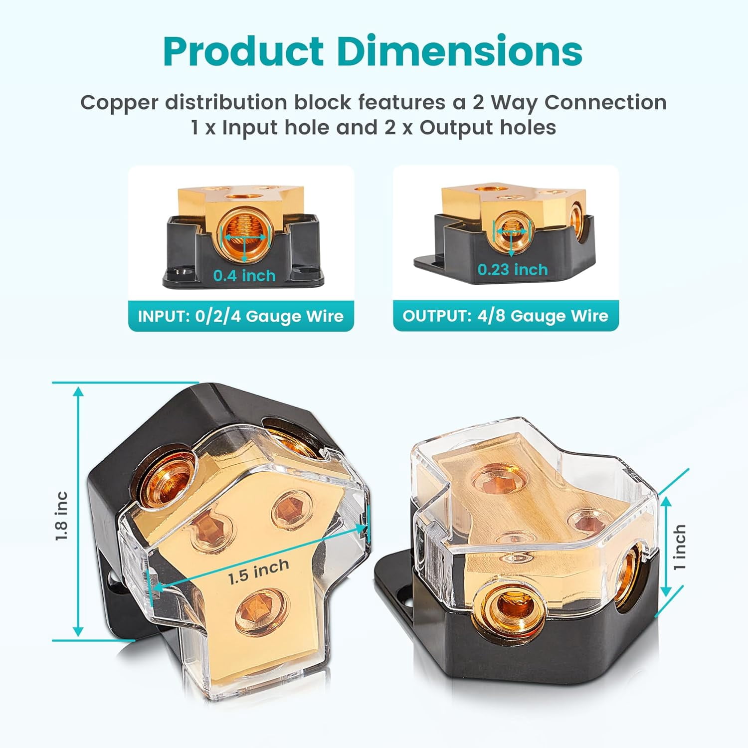2 Way Copper Power Distribution Block, 0/2/4 Gauge in 4/8 Gauge Out ...