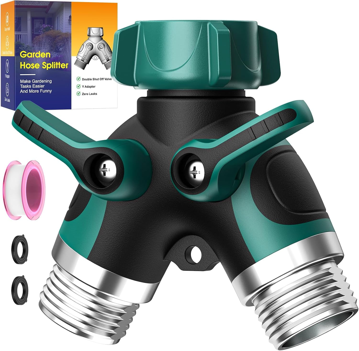 2 Way Garden Hose Splitter with Shut Off Valve,Water Spigot Splitter ...