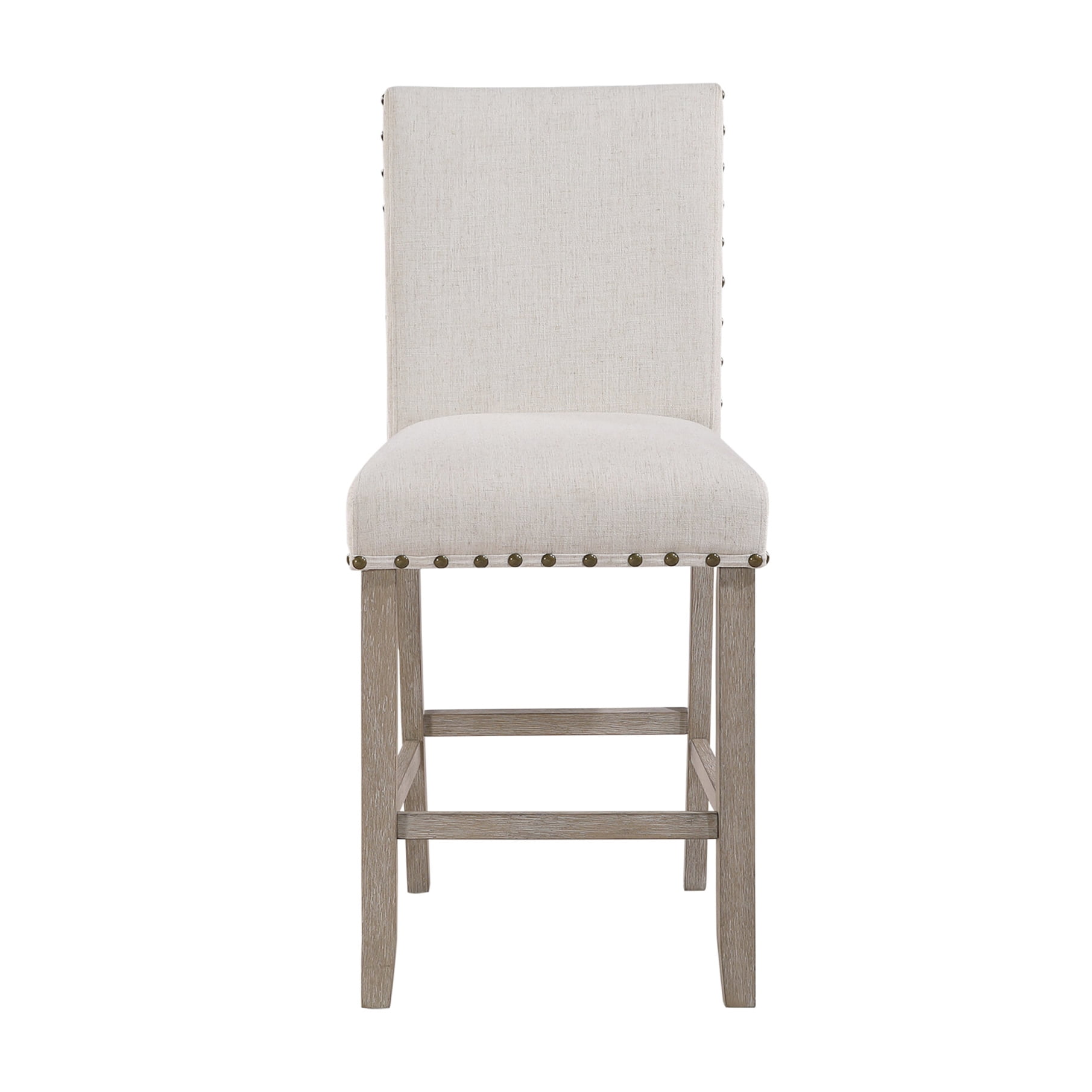 2 White Bar Stools, Gray Fabric Seat, 39.17 In Height, Nailhead Trimmed ...