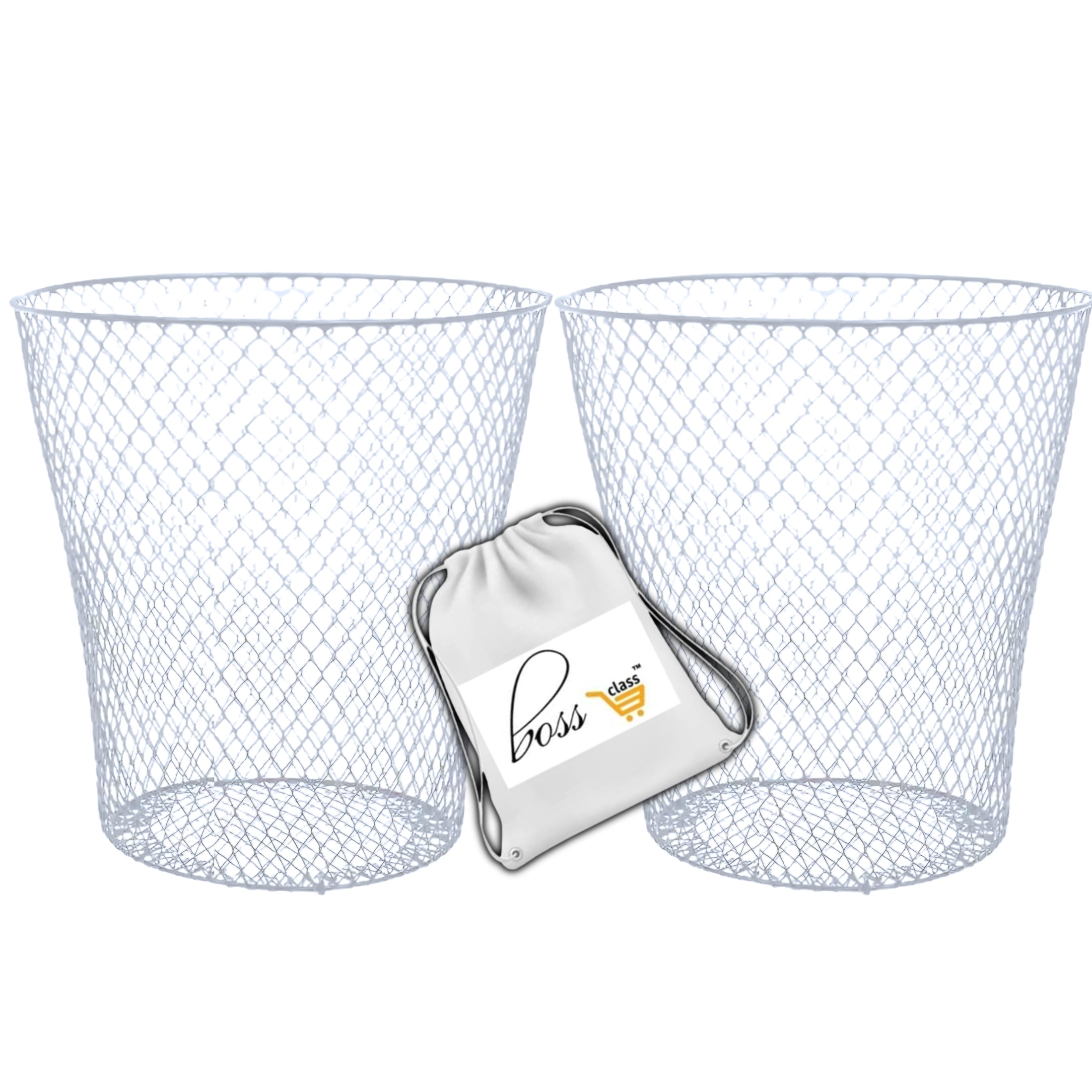 (2) White Wire Mesh Round Waste Basket, 9in Lightweight Trash Can Open ...