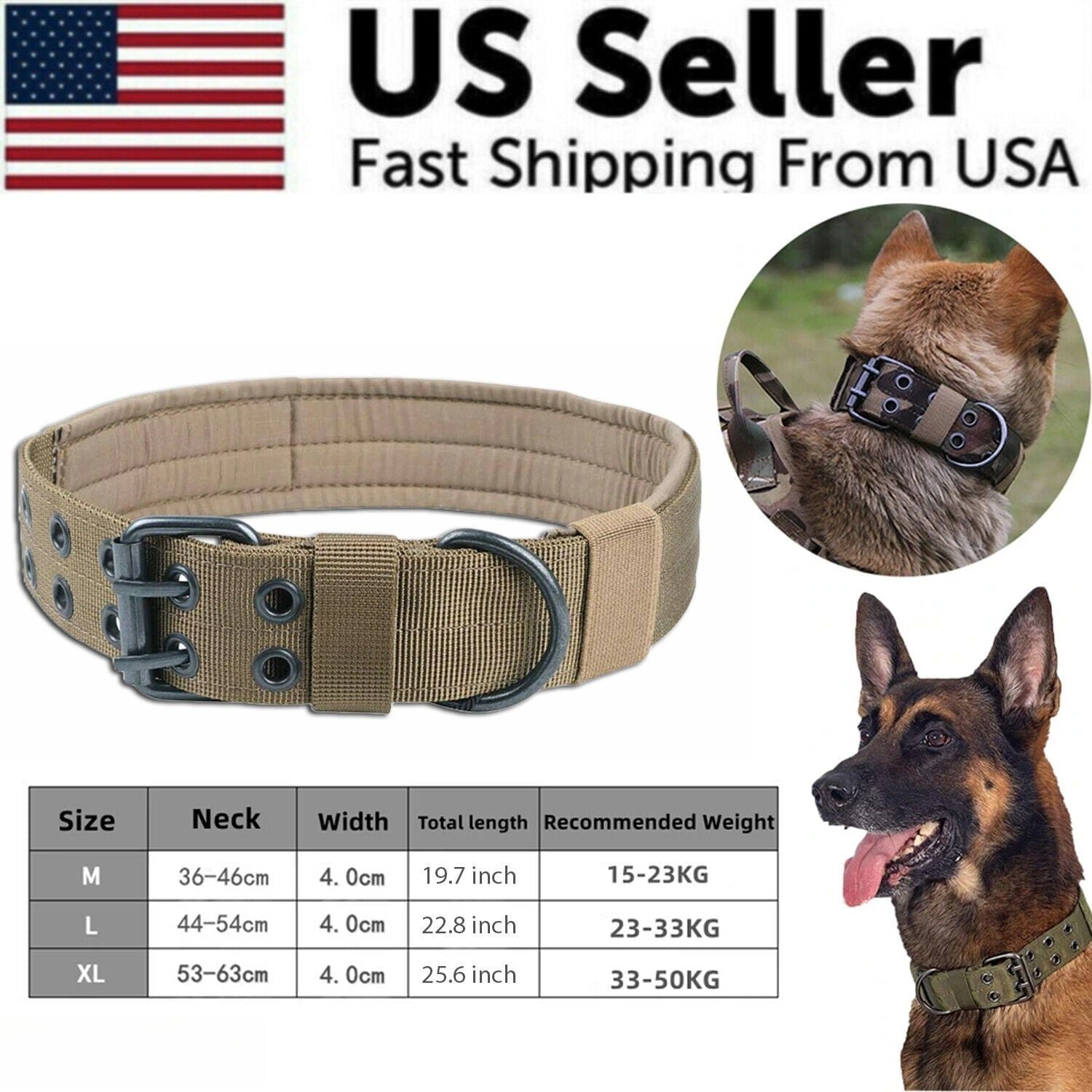2" Wide Tactical Heavy Duty Nylon Large Dog Collar K9 Military With ...