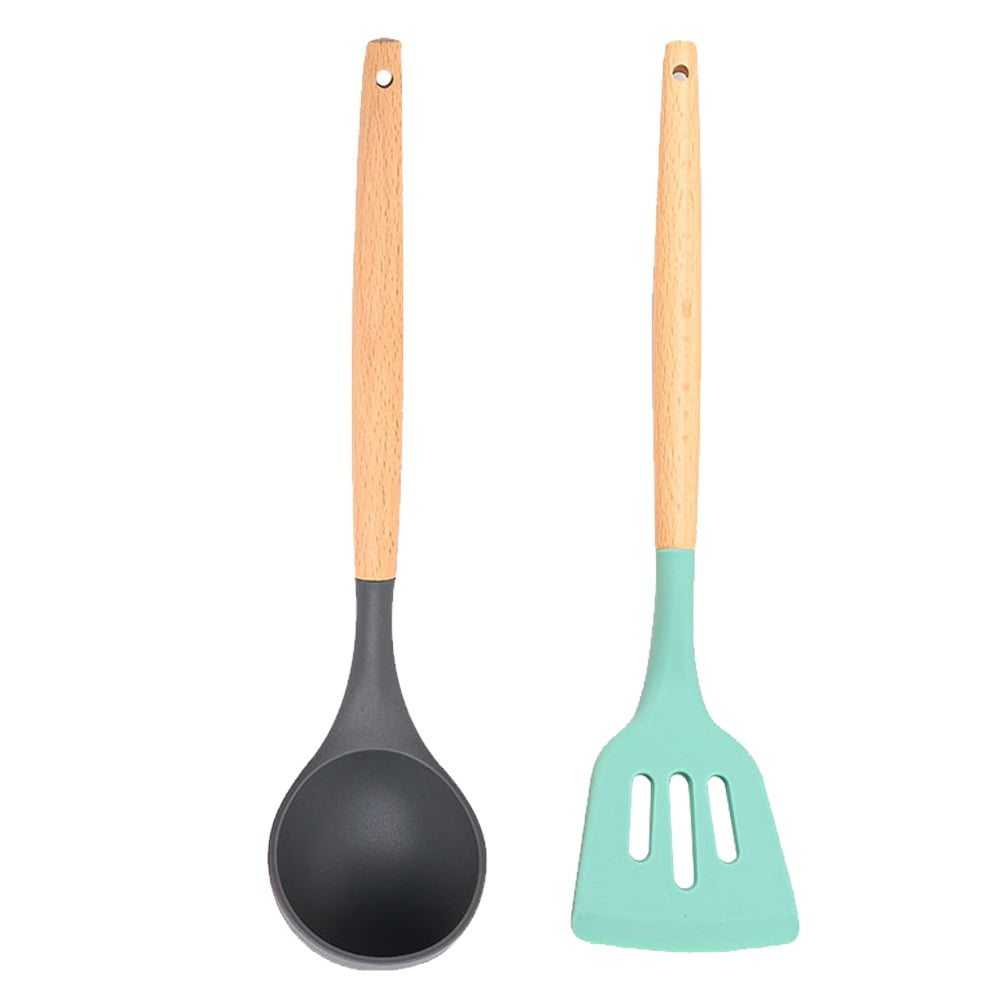 2 Wood and Silicone Cooking Utensil Set, Non-Stick and Heat Resistant ...