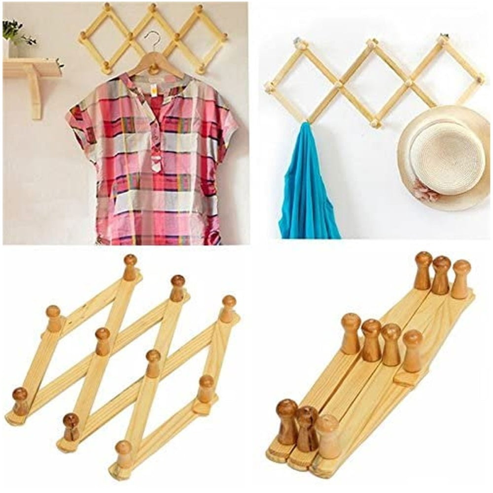 2 Wooden Expandable Hanger Accordion Coat Rack Wall Mounted Hats Mugs ...