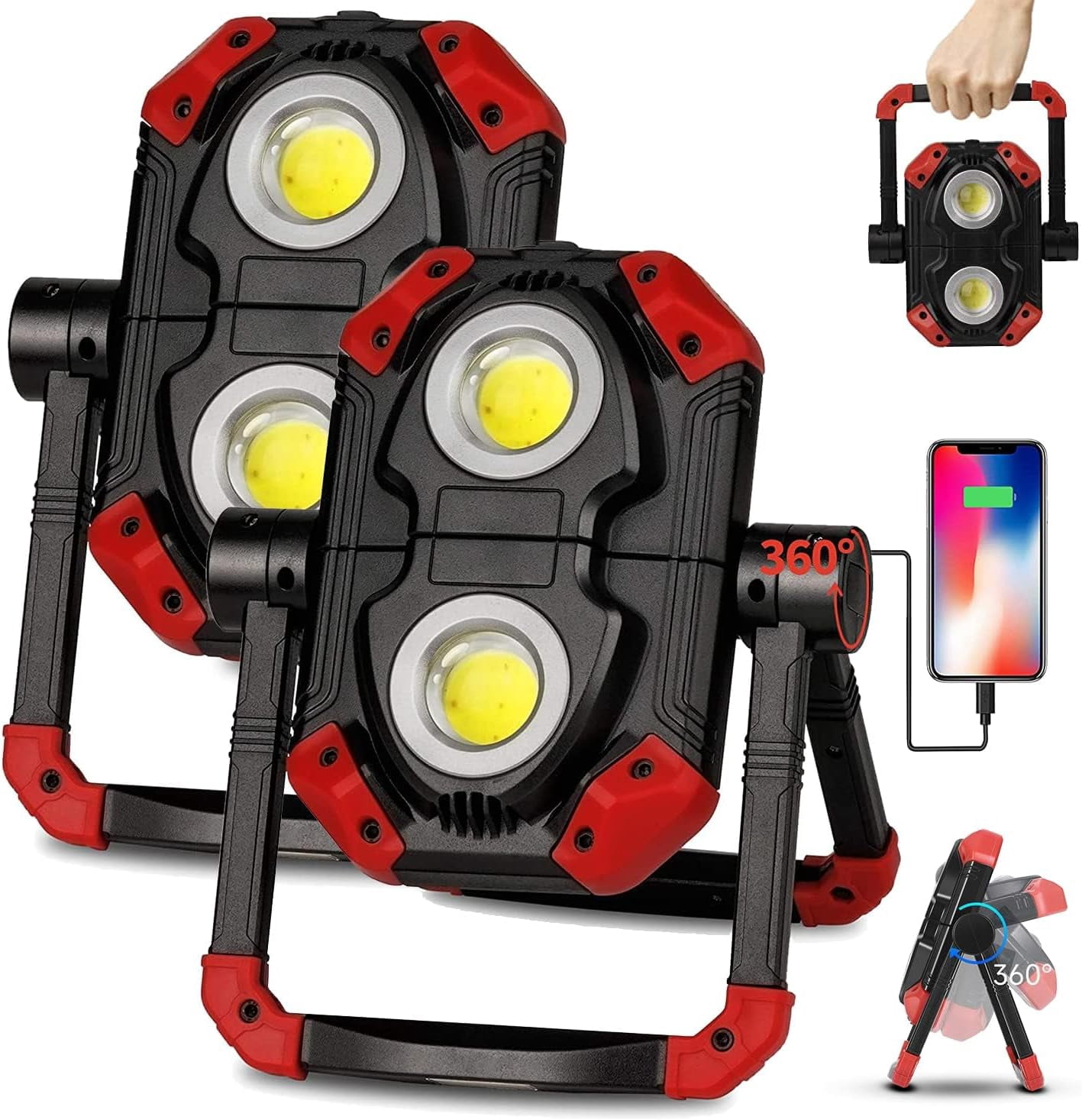 2 Work Light , 2 COB 2500LM Folding Portable Flood Light with Base and ...