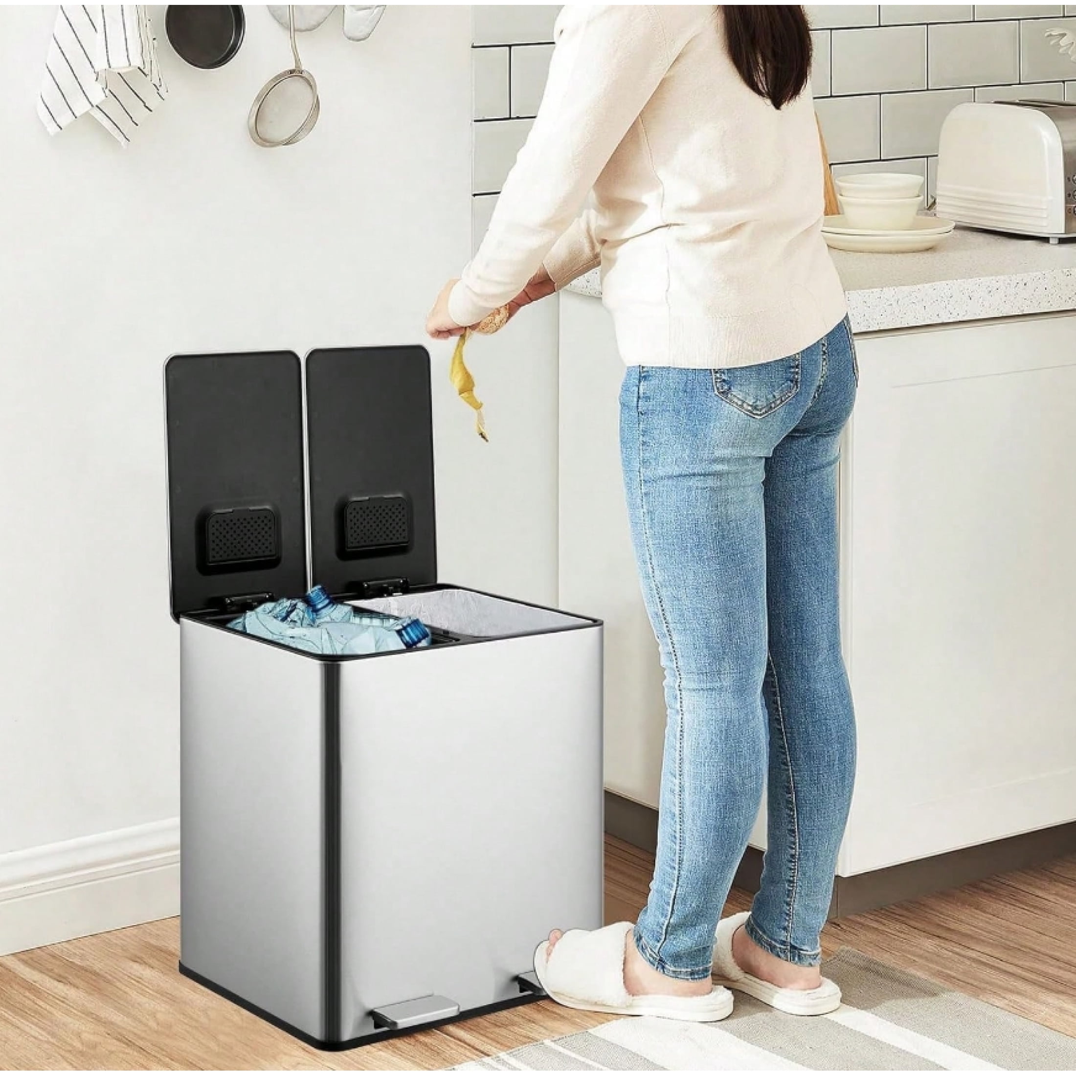 2 X 4 Gallon (2 X 15 L) Trash Can, Dual Compartment Waste Bin With ...