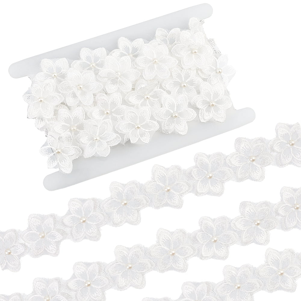 2 Yards 1.75 Inch White Embroidered Floral Lace Ribbon Imitation Pearls ...
