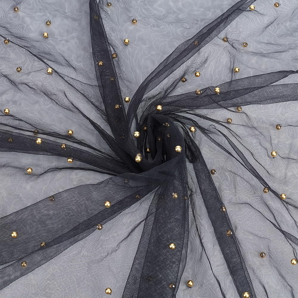 2 Yards Mesh Lace Fabric 63inch Black Gauze with Gold Pearl Decor Nylon ...