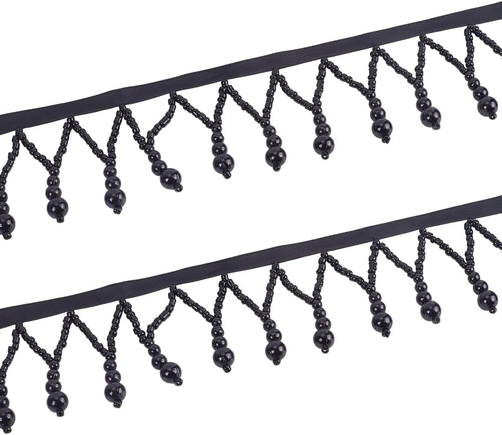 2 Yards Pearl Tassle Beaded Trim 2.2 Inch Wide Black Lace Ribbon ...