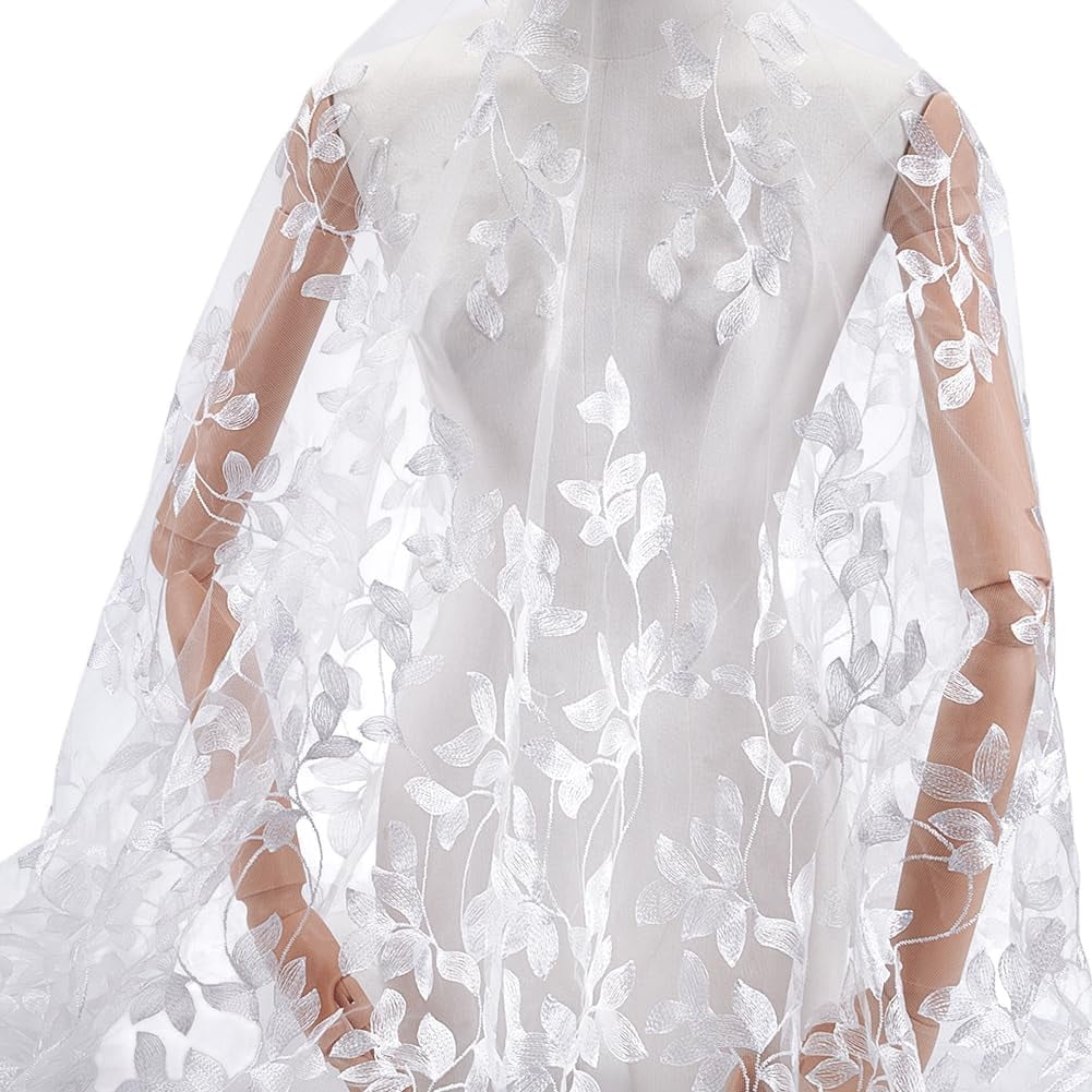 2 Yards White Leaves Mesh Lace Fabric 68inch/175cm Floral Leaf ...