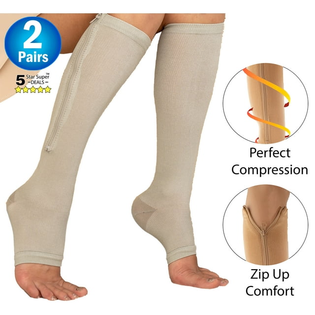 2 Zipper Pressure Compression Socks Support Stockings Leg - Open Toe ...