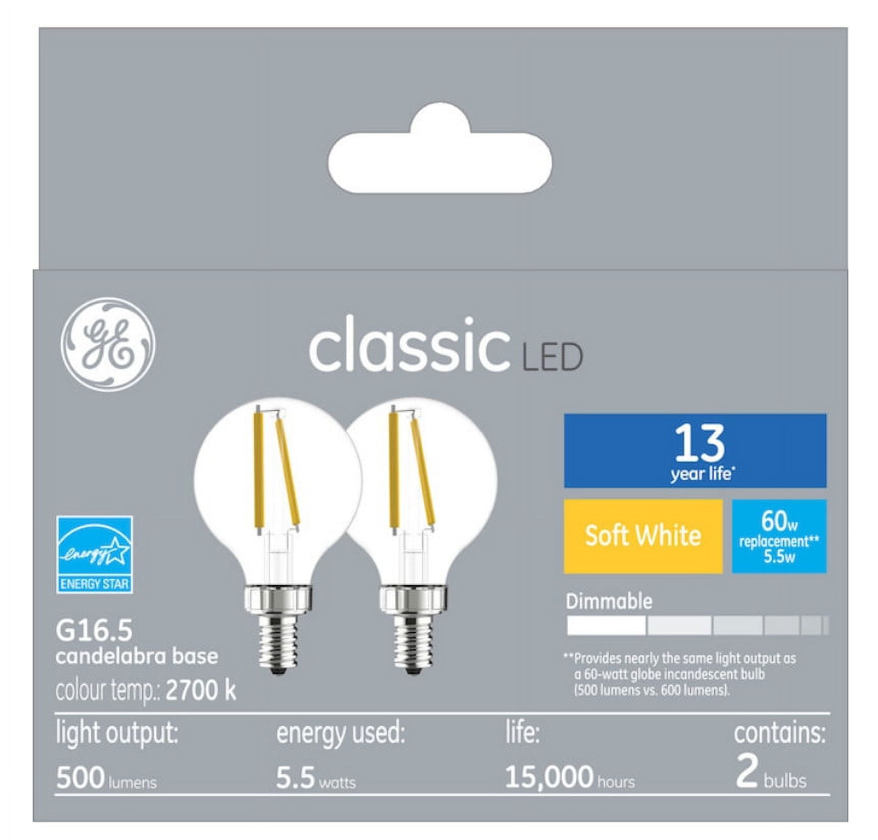(2 bulbs) GE LED Decorative Globe, G16.5, 60 watt equivalent using only ...