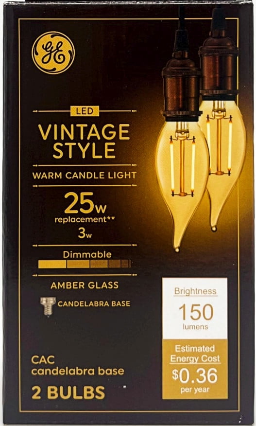 (2 bulbs) GE Lighting Vintage LED Chandelier Light, Cendlabra base, 3 ...