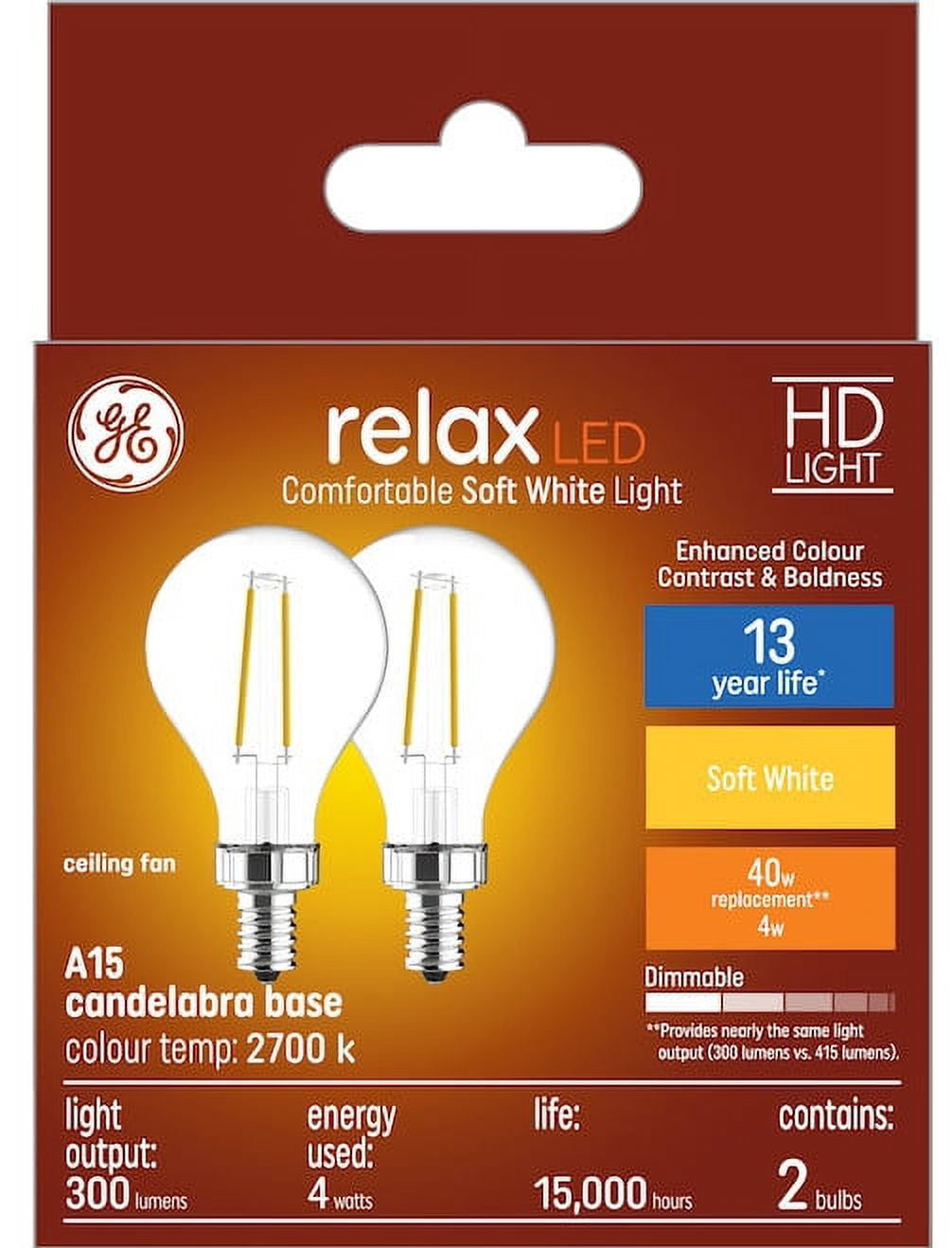 (2 bulbs) GE Relax HD Soft White 4 watt LED Clear Ceiling Fan ...