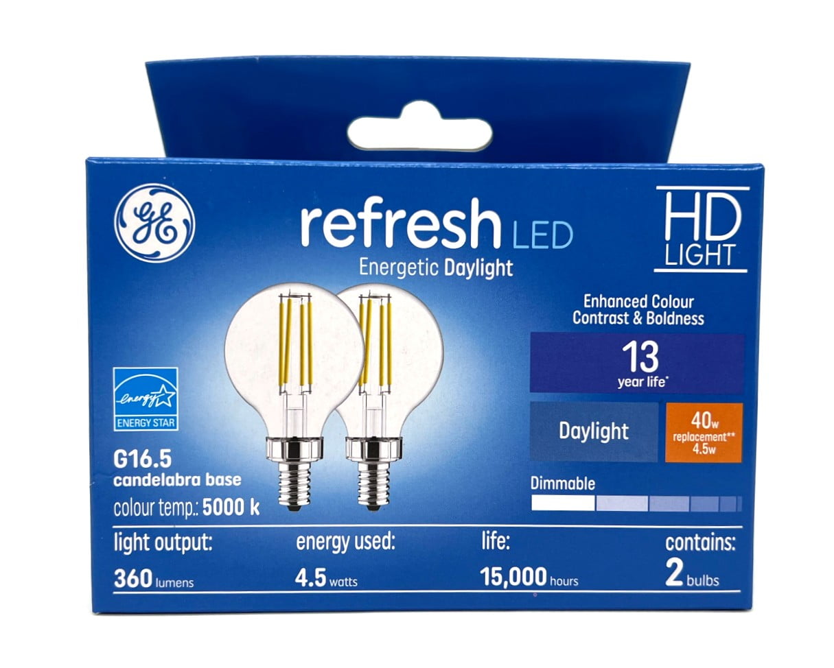 (2 bulbs) GE refresh LED G16.5, Candelabra Base, 4.5 watt, 360 lumen, Dimmable, Daylight, Clear ...
