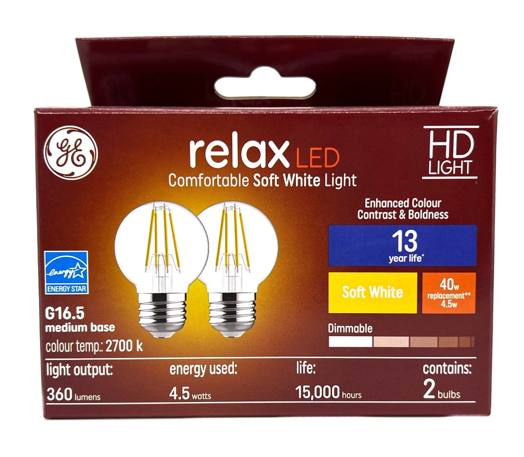 (2 bulbs) GE relax LED G16.5 Light Bulb, 4.5 watts, 360 lumens ...